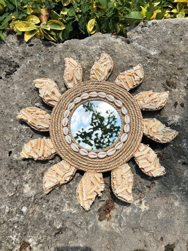 Seashell Sunburst Mirror, Moss Rope and Sawdust Wall Art, Round Sun ...