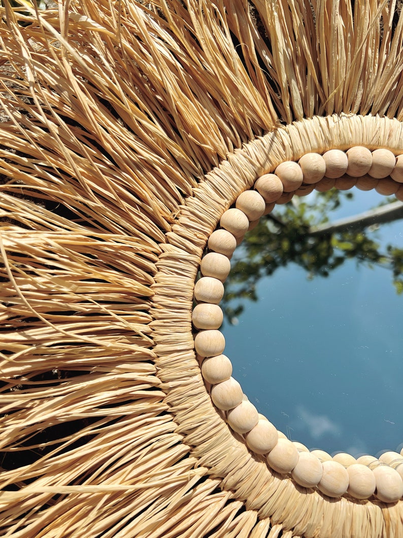 Natural Raffia Mirror, Handmade Farmhouse Decorative Mirror, Wooden Beads Mirror, Mirror Set of ...