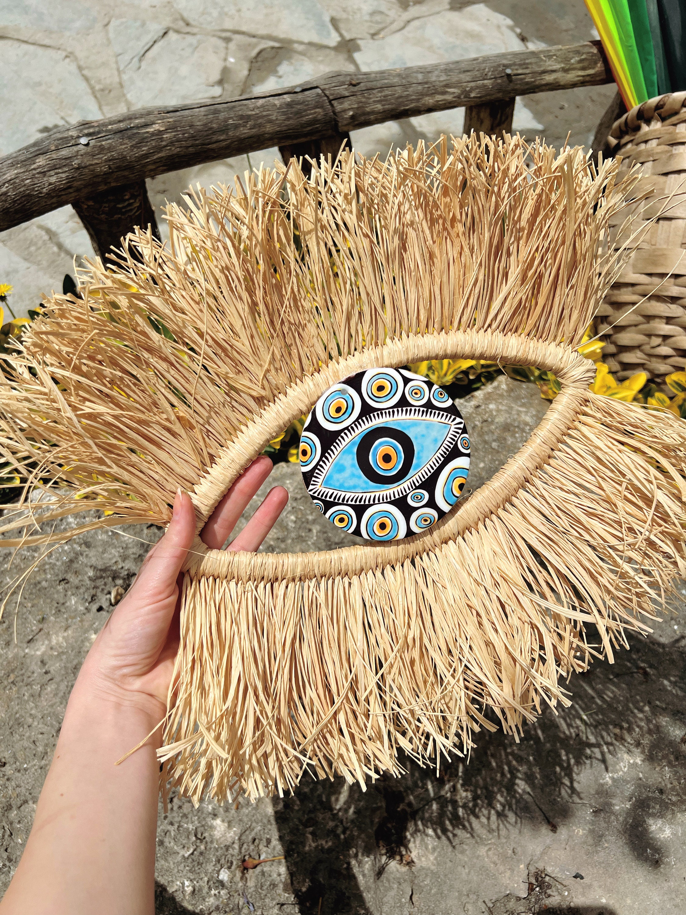 Evil Eye Fringed Wall Art I Handmade Raffia Decoration I Evil Eye Wall ...
