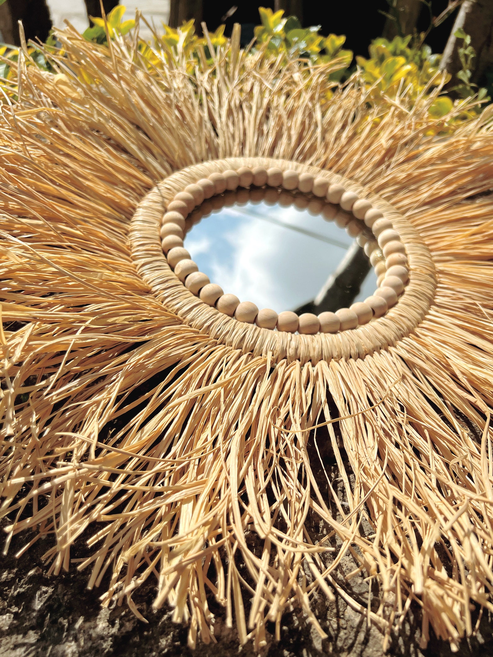 Natural Raffia Mirror, Handmade Farmhouse Decorative Mirror, Wooden Beads Mirror, Mirror Set of ...