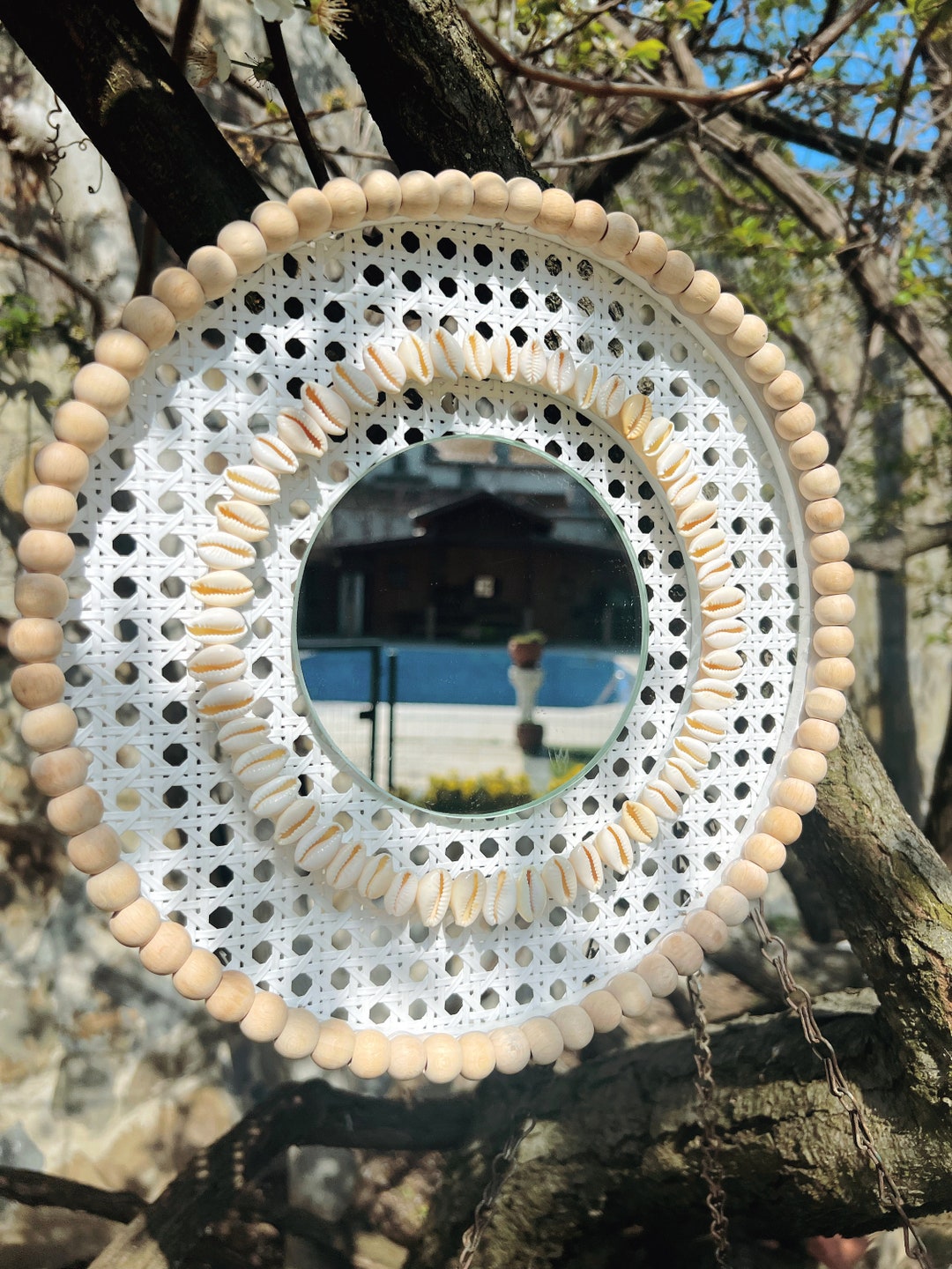 Seashell Wicker Wall Mirror I Wooden Beads White Wicker Weave I Wall ...