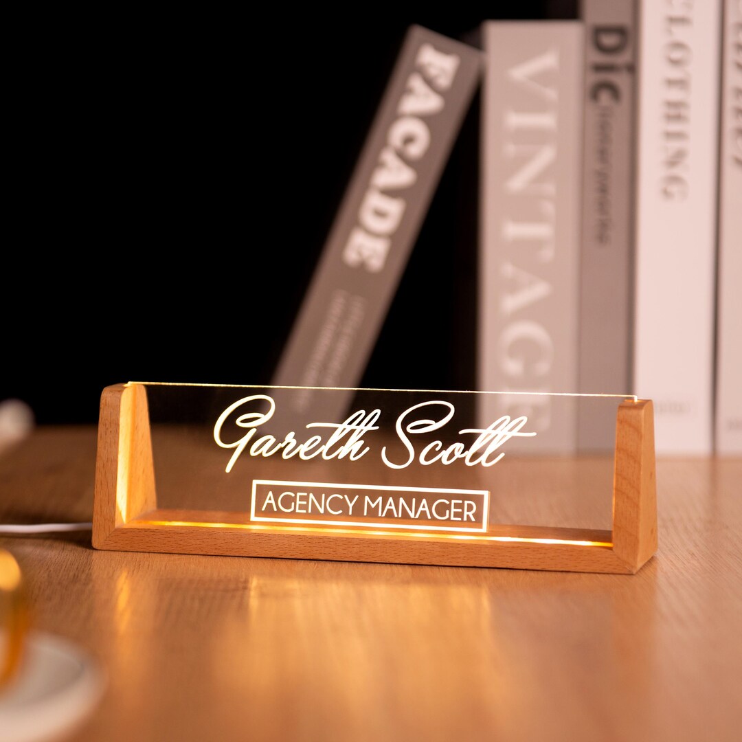 Personalized Lighted Desk Name Plate: Engraved Acrylic Sign With Wooden ...