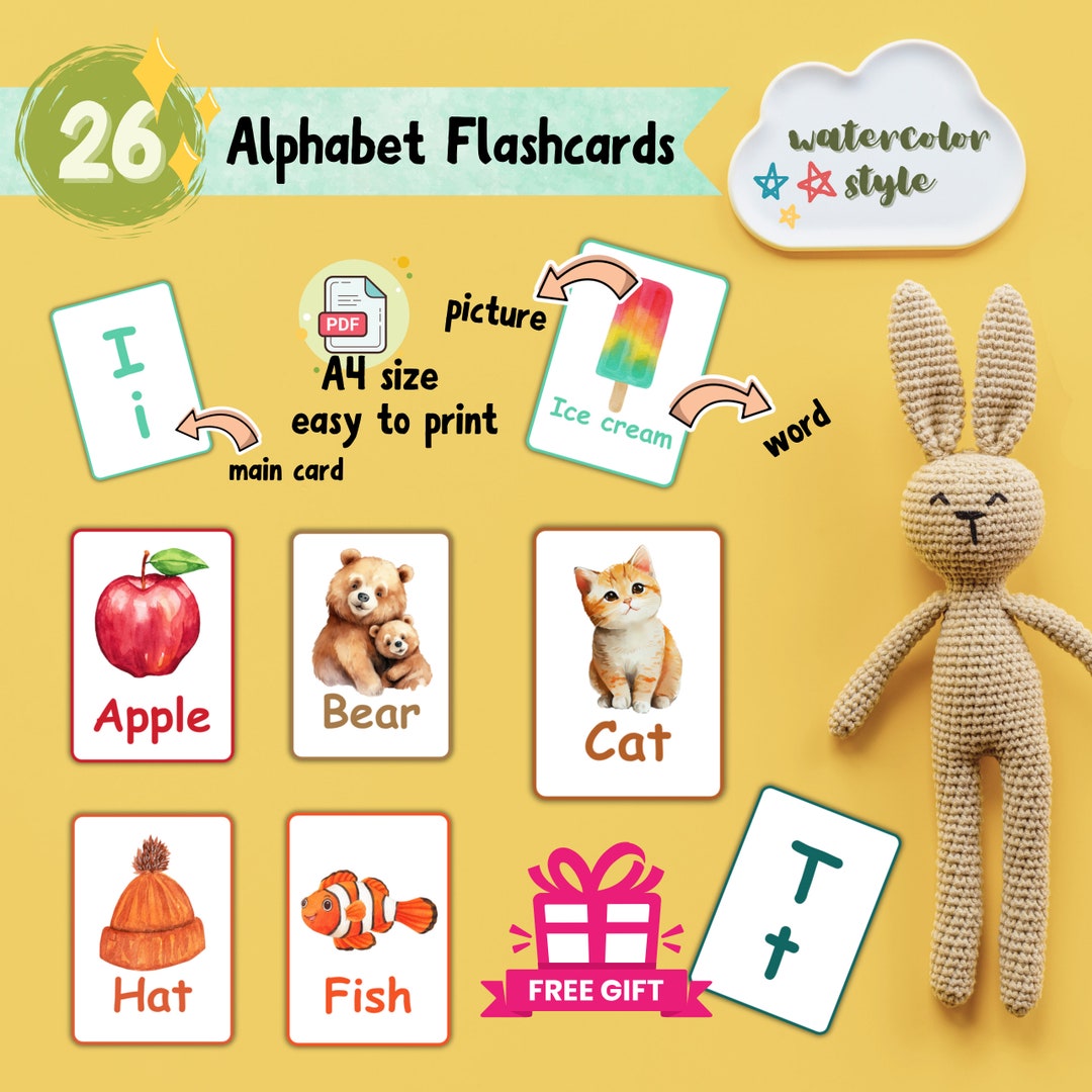 Alphabet Cards Watercolor Picture Learn Letters and Word in Flash Cards ...
