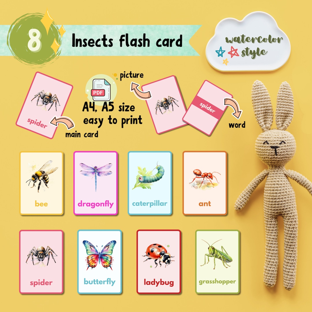 Insects Flash Card for Kids With Watercolor Style : Flashcards Editable ...