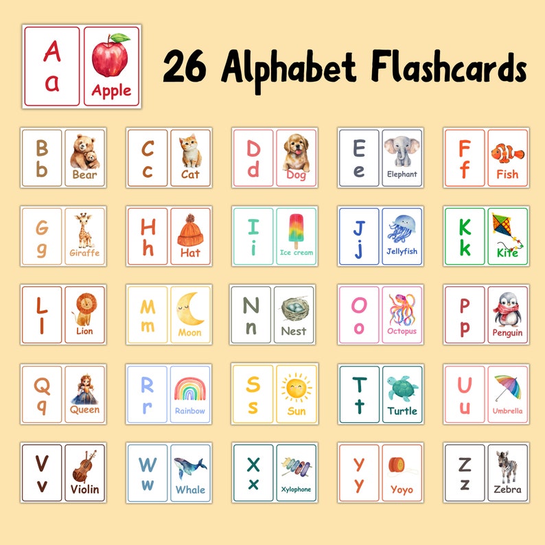 Alphabet Cards Watercolor Picture Learn Letters and Word in Flash Cards ...