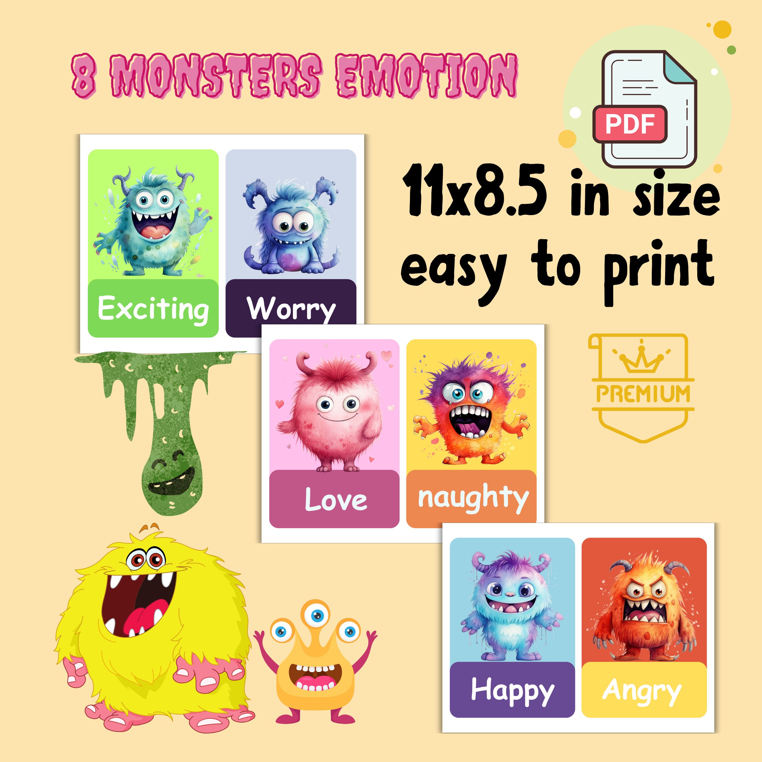 Emotions Flash Cards Emotions Monsters Digital Download - Etsy