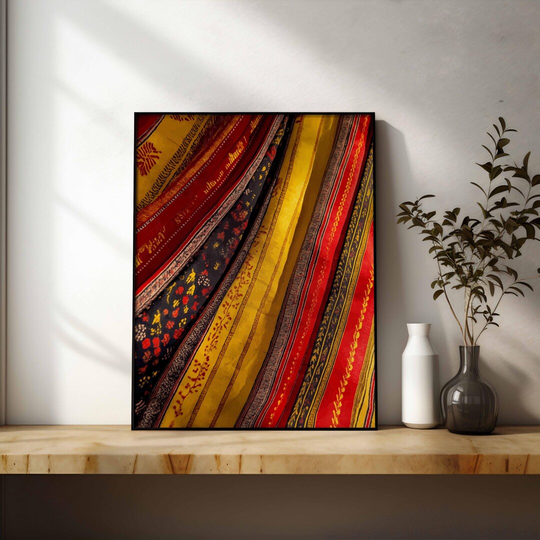 African Textile Print With Geometric Pattern in Red, Yellow and Brown ...