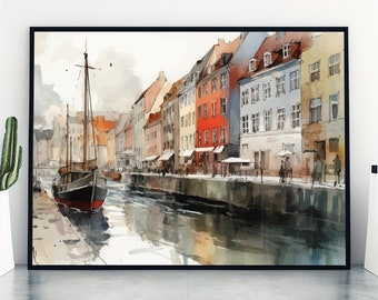 Copenhagen Denmark Watercolor Painting Digital Printable, Boat ...