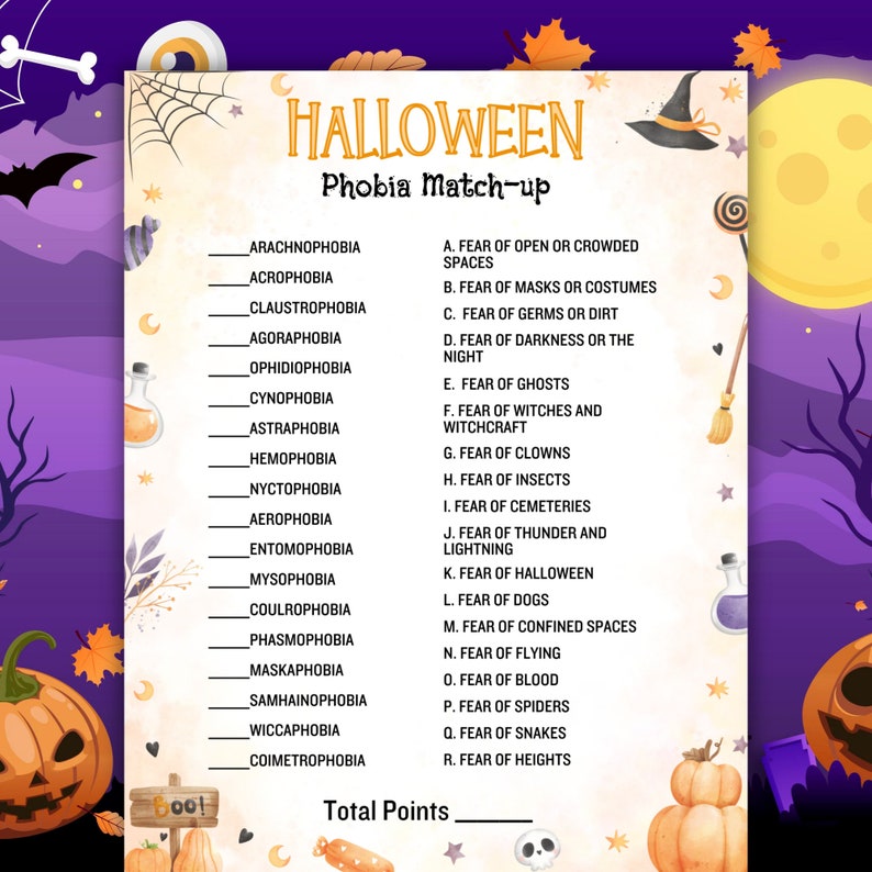 Phobia Match-up, Halloween Party Games, Halloween Printable Games ...