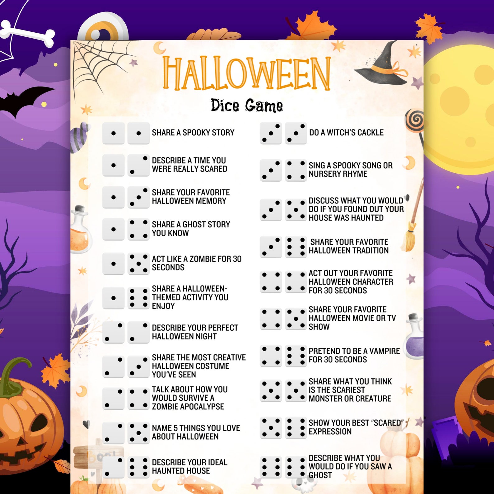 Halloween Dice Game, Halloween Party Game, Dice Game, Halloween Games ...