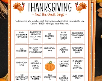 Thanksgiving Find the Guest BINGO, Thanksgiving Party Games ...