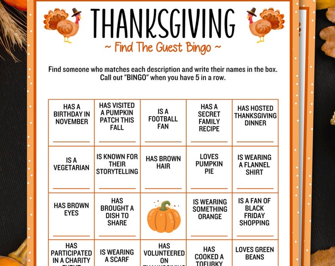 Thanksgiving Find the Guest BINGO, Thanksgiving Party Games ...