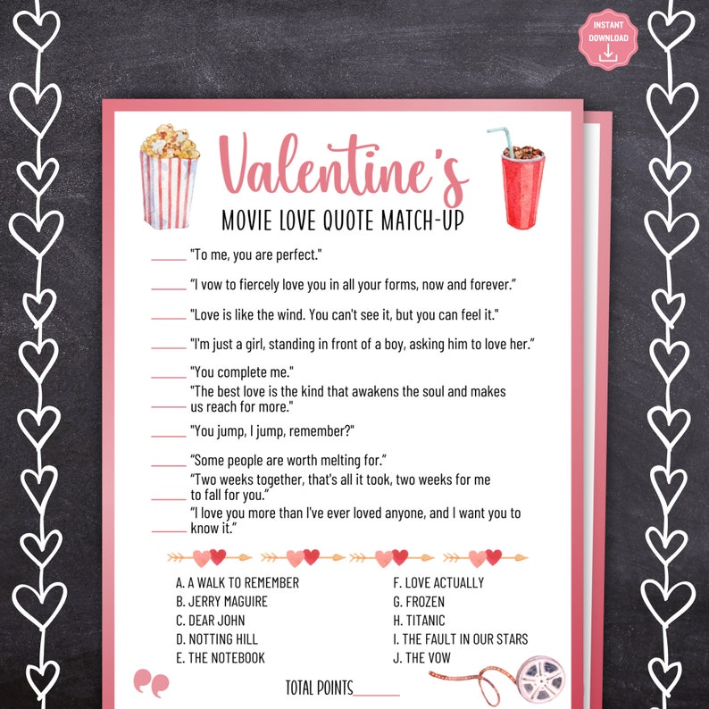 Movie Love Quote Match-up, Valentine's Party Games, Valentine's Day ...