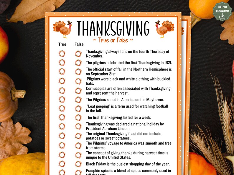 Thanksgiving True or False, Printable Thanksgiving Games and Activities ...