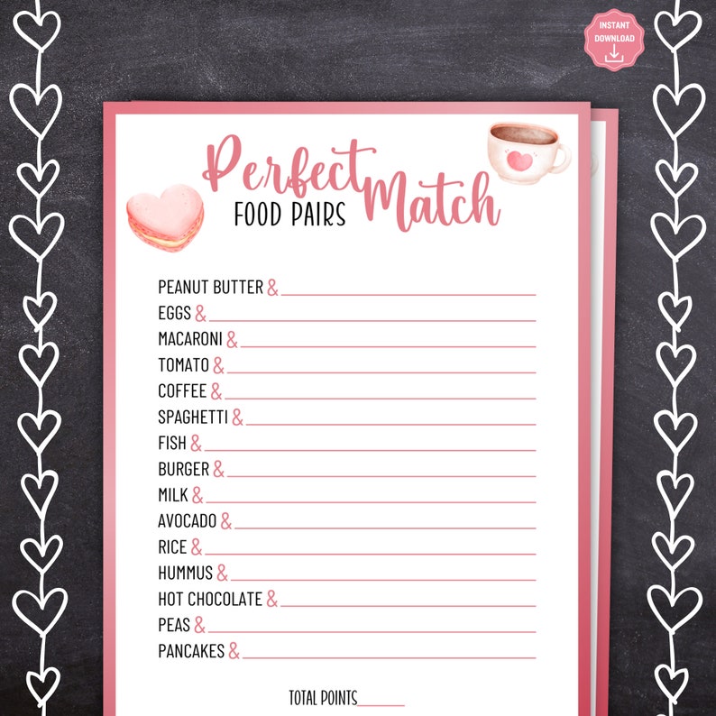 Perfect Match Food Pairs, Valentine's Day Games, Valentine's Printable ...