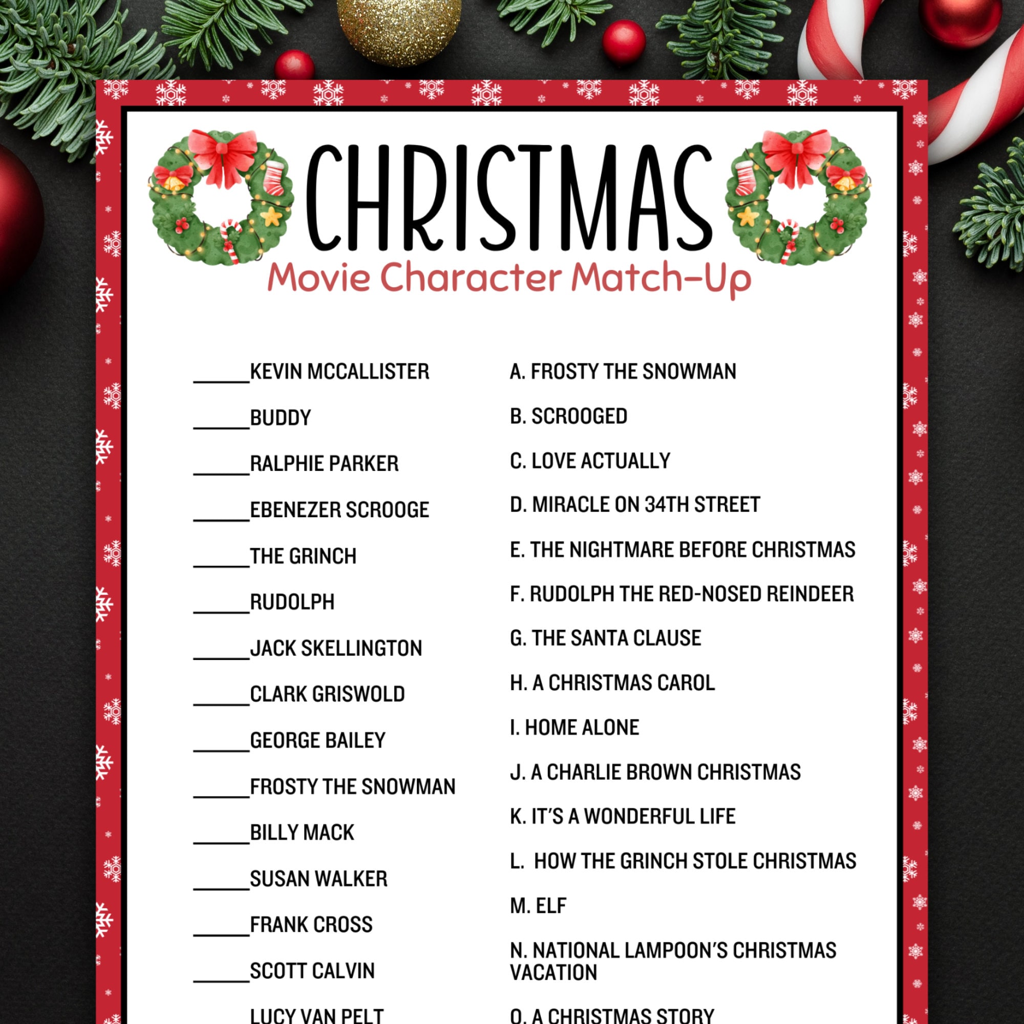 Christmas Movie Character Match-up, Christmas Printables, Christmas ...