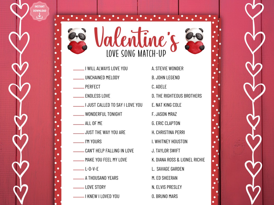 Valentine's Day Games and Activities, Valentine's Day Love Song Match ...
