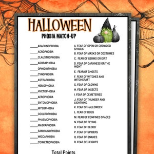 Phobia Match-up, Halloween Party Games, Halloween Printable Games ...