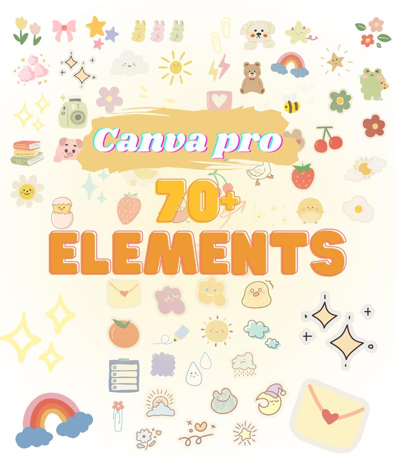 70 Cute Pastel Graphic Elements Pack, Aesthetic, Positive Canva Pro Paid Elements, Digital, Clip ...