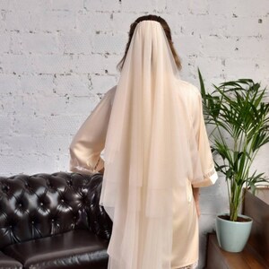 Double Beige Wedding Veil Raw Cut Edge for Bride Soft Tulle With Comb ...