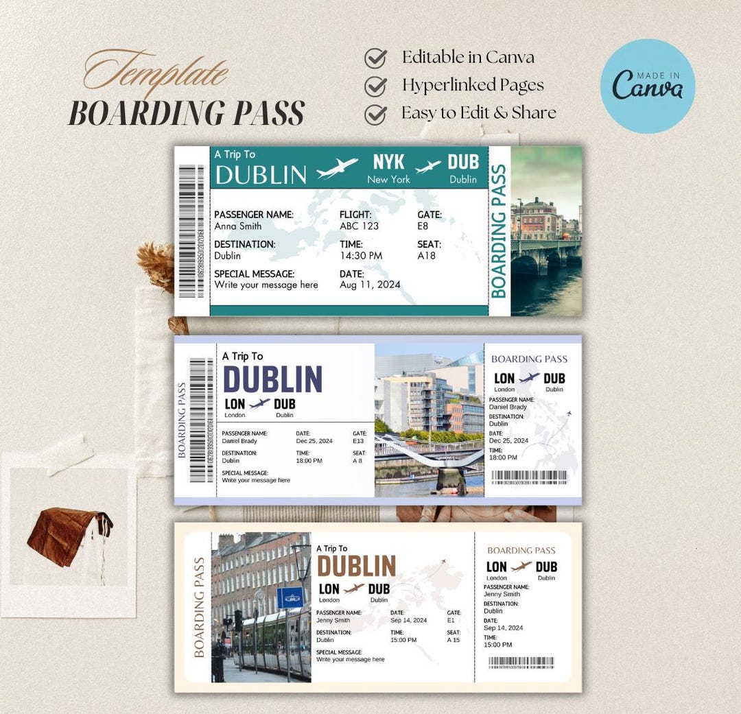 Customizable Dublin Boarding Pass Template – Editable Airline Ticket ...