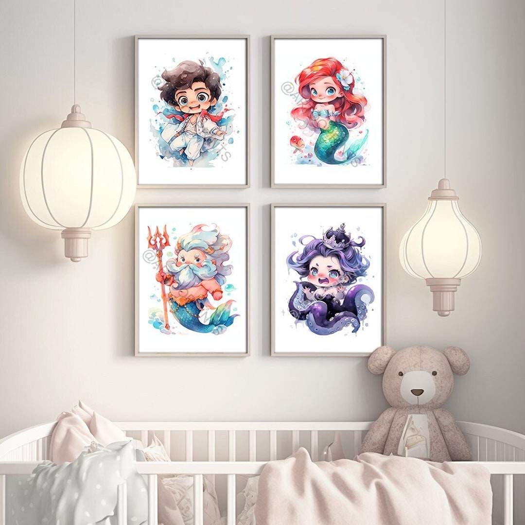 Set of 4 Nursery Decor Poster Little Mermaid, Baby Ariel Poster, Wall ...