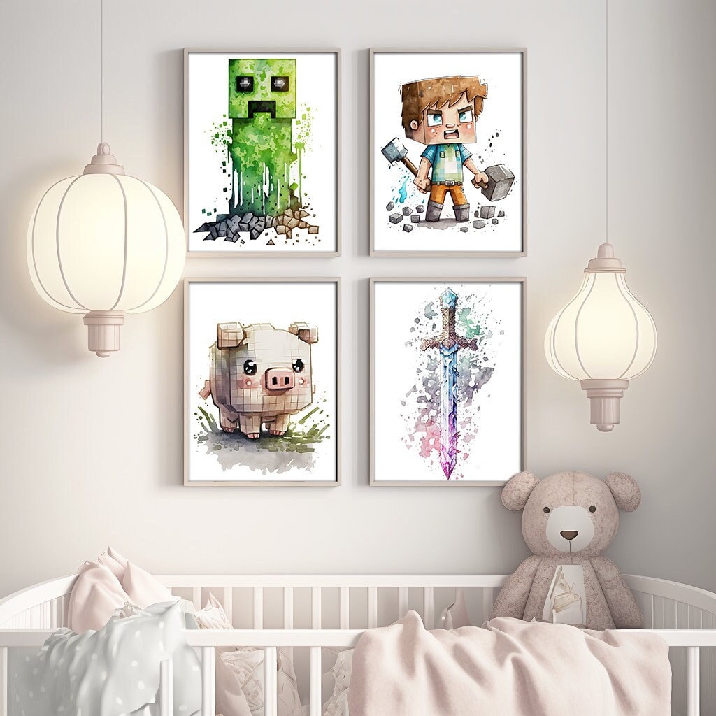 Set of 4 Minecraft Posters Watercolor Minecraft Wall Art - Etsy