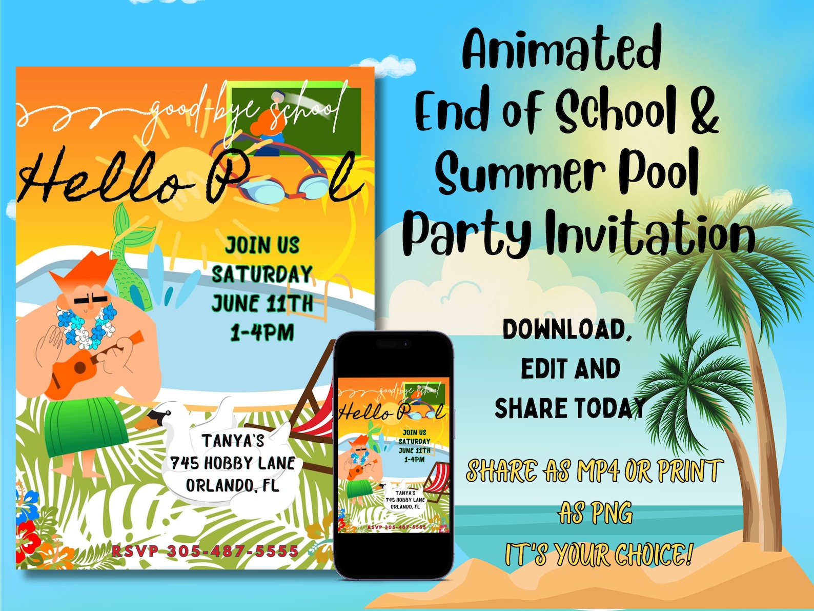 Animated Pool Party Invitation, End of School Party Invitation, End of ...