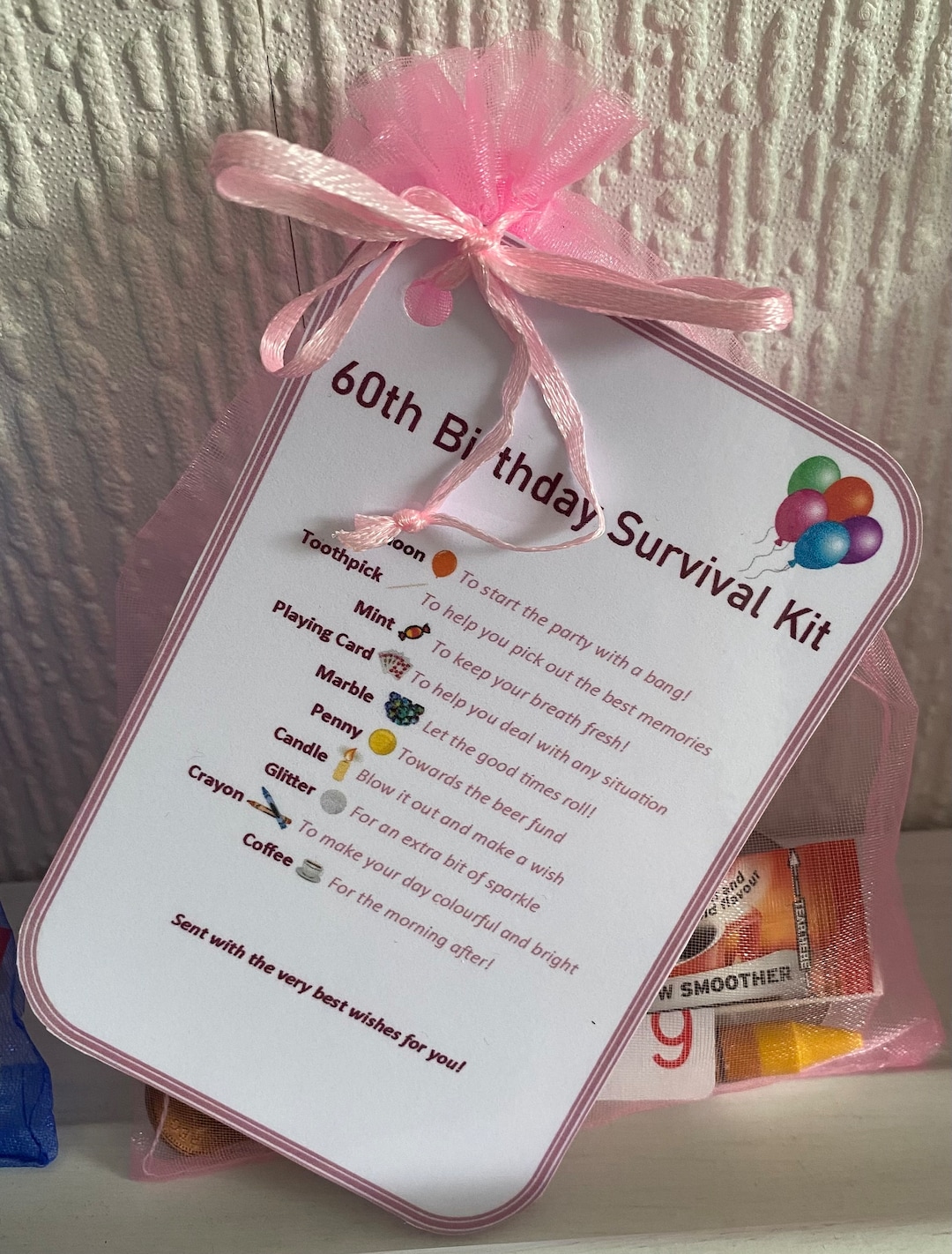 60th Birthday Survival Kit Bag Blue Pink and White - Etsy UK