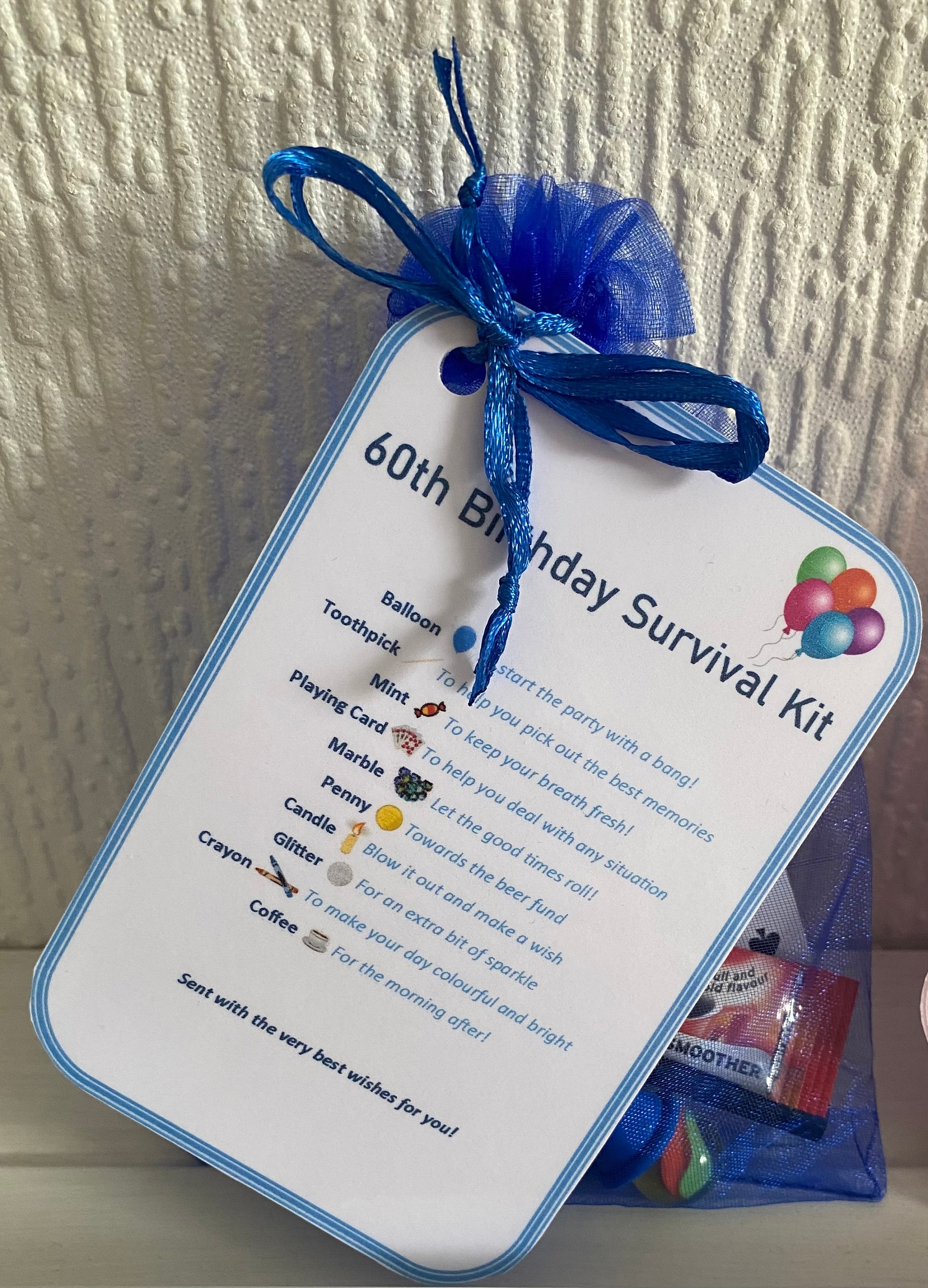 60th Birthday Survival Kit Bag Blue Pink and White - Etsy UK