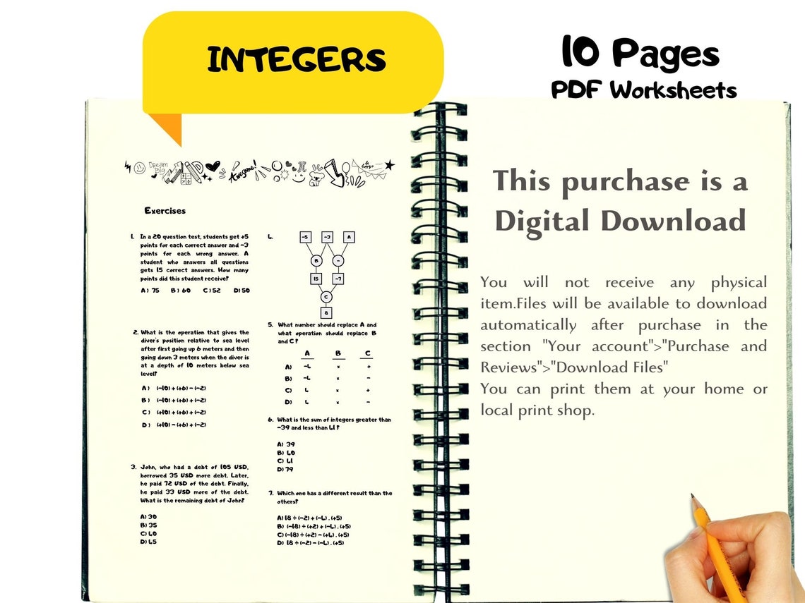 Printable Integer Worksheets - Etsy