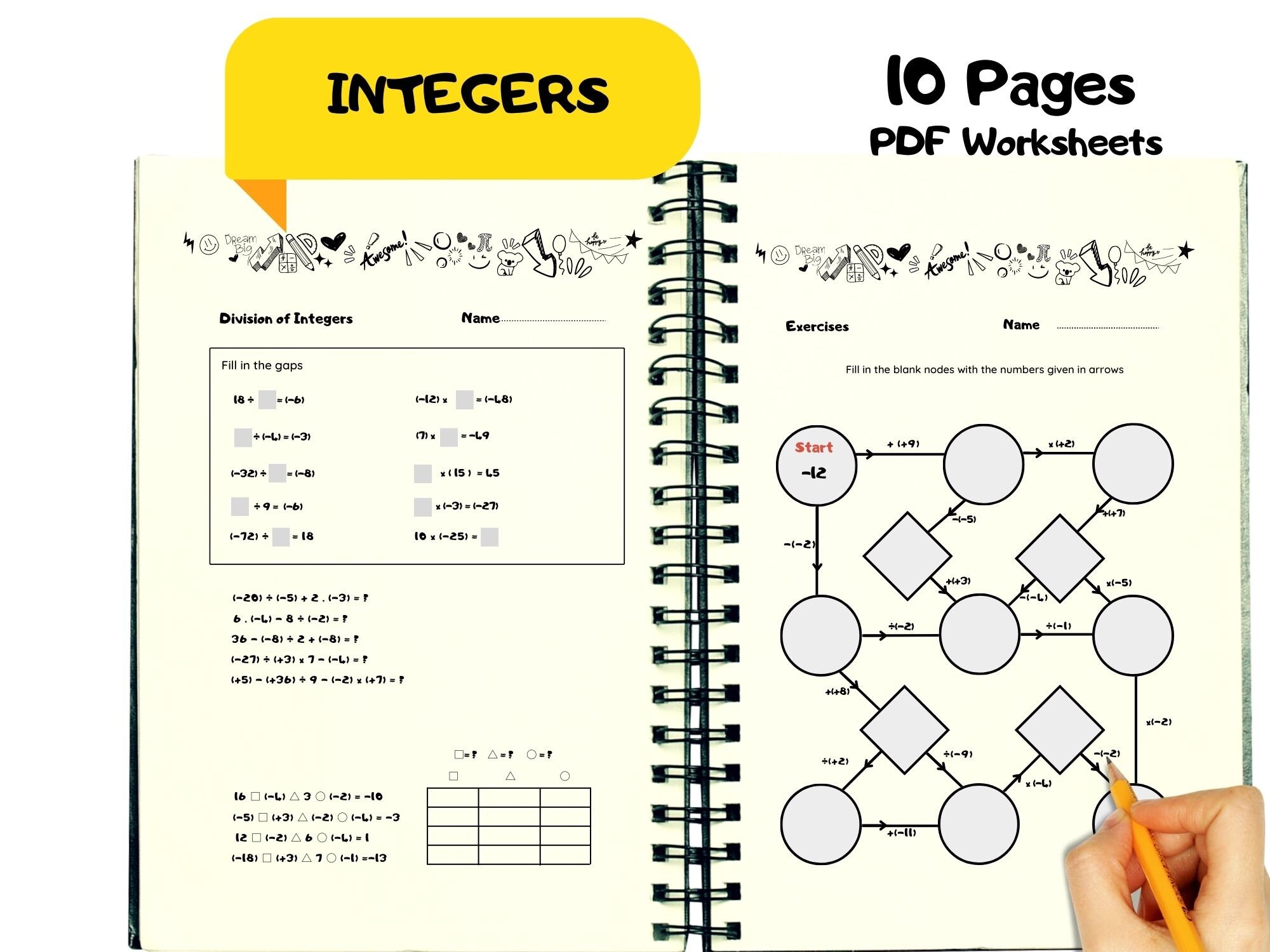 Printable Integer Worksheets - Etsy