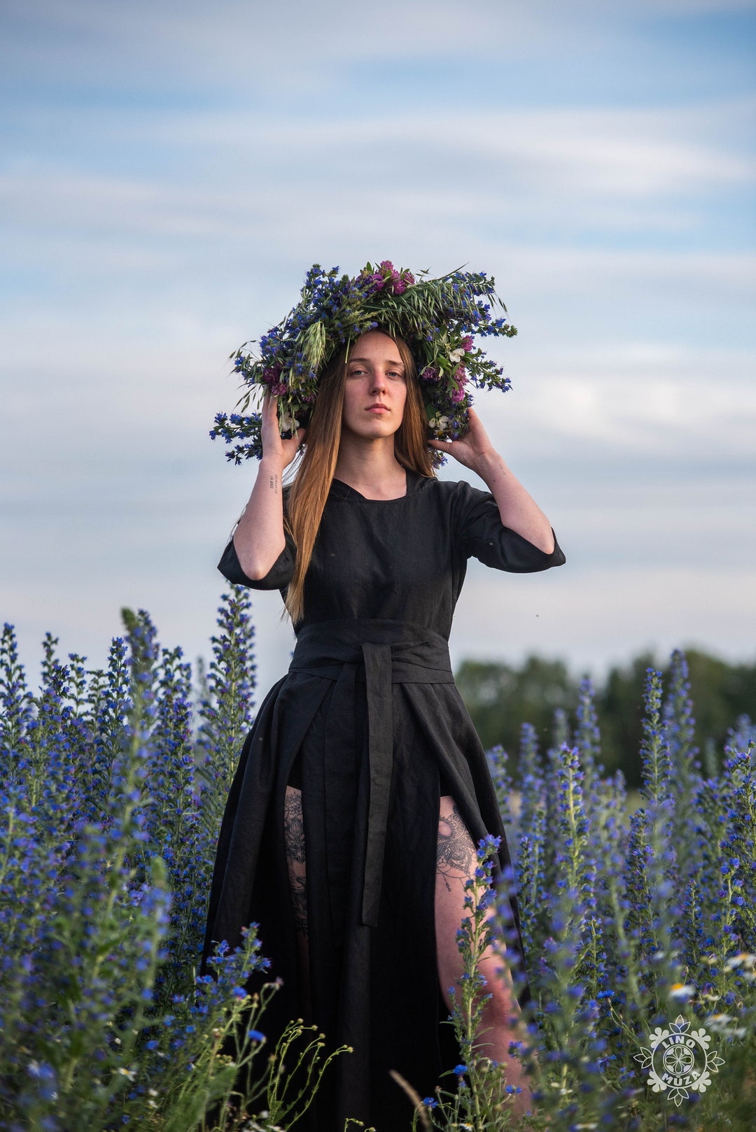 Dress With Two Front-slit. Black Hooded Dress. Dress With Detachable ...