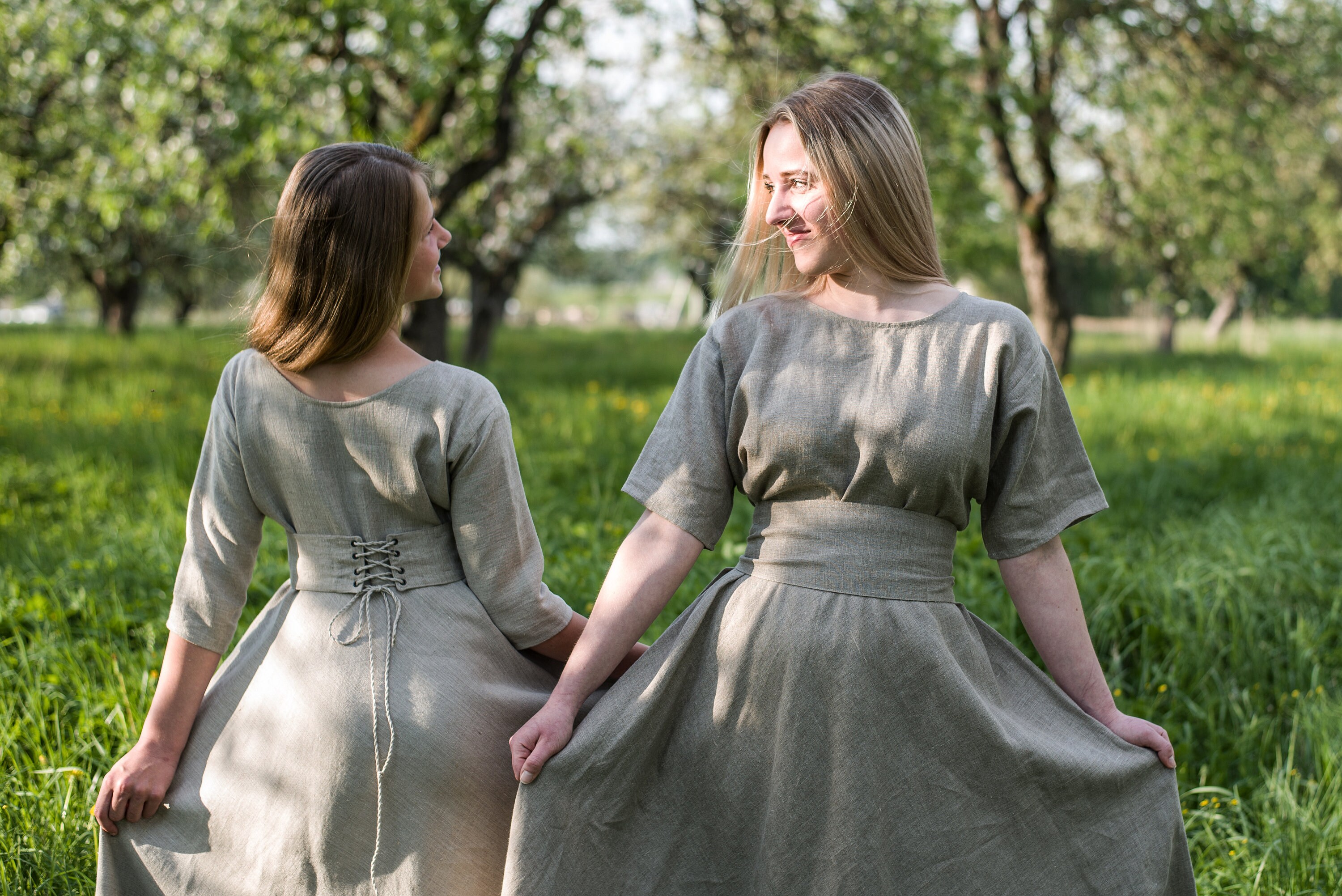 Long Linen Dress With NARROW BLUE Hand-woven Band. Viking Dress. Viking ...