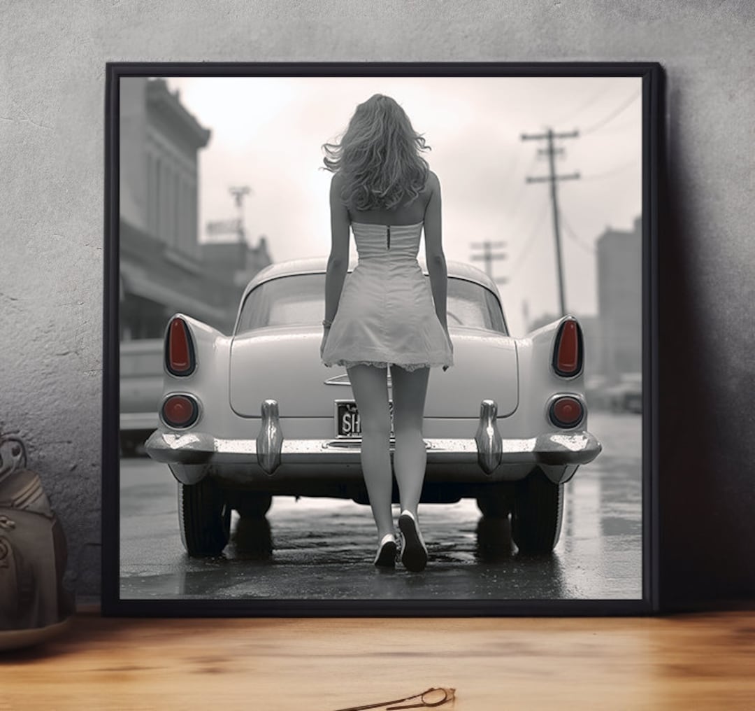 Vintage Car & Girl in White Dress Print - Classic 50s 60s American Car ...