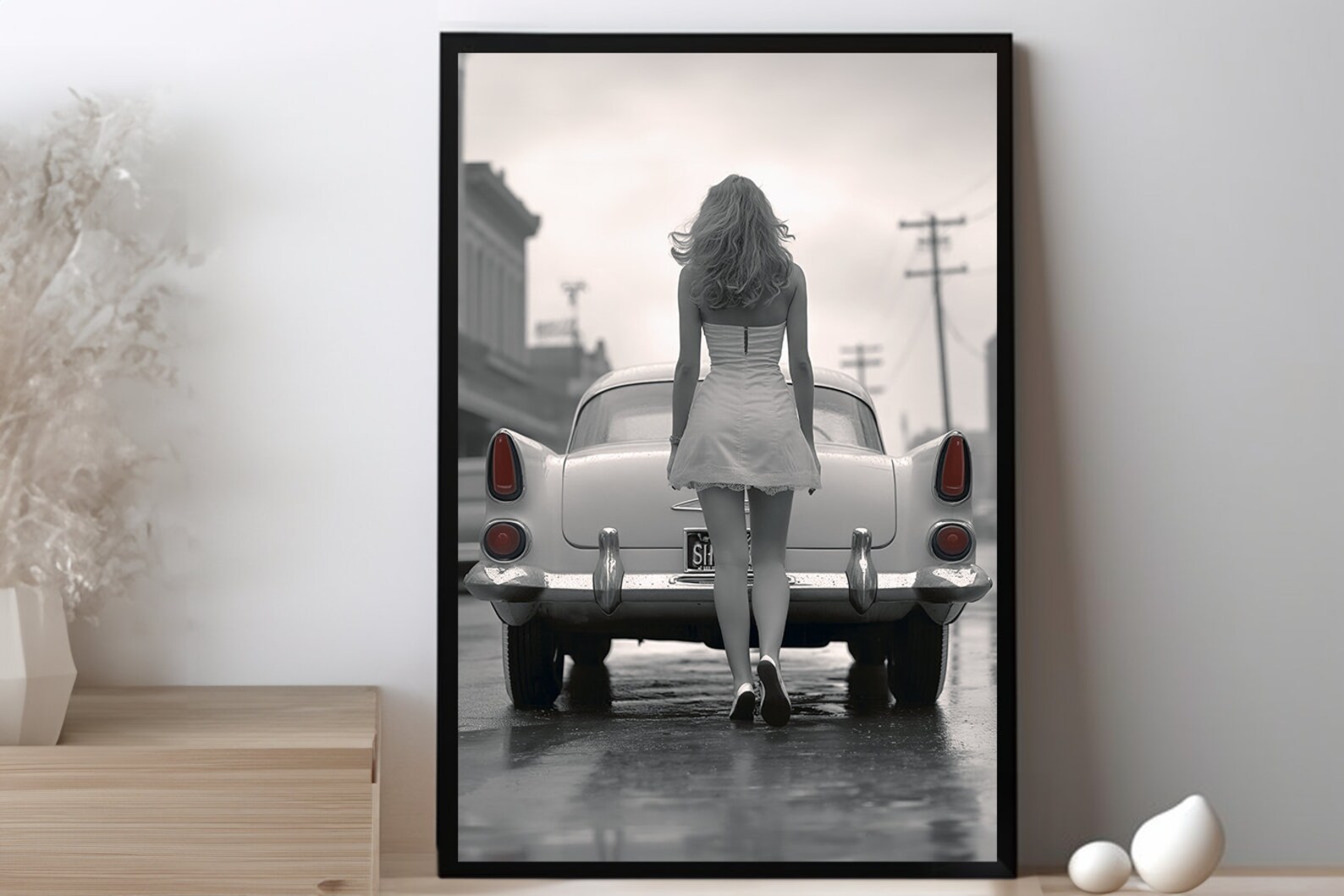 Vintage Car & Girl in White Dress Print - Classic 50s 60s American Car ...