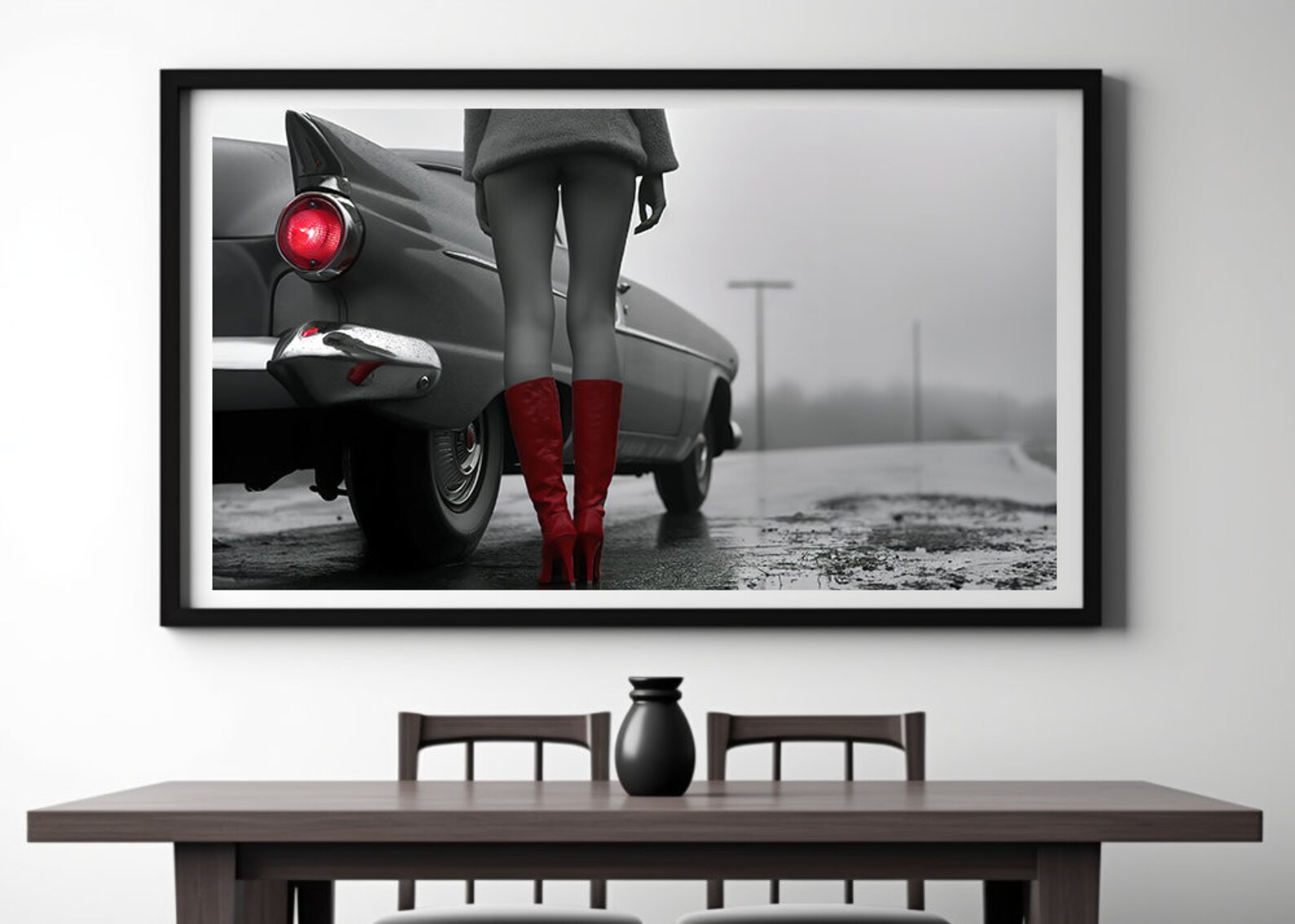 Classic Car and Girl in Red Boots Print Black & White Vintage Photo ...