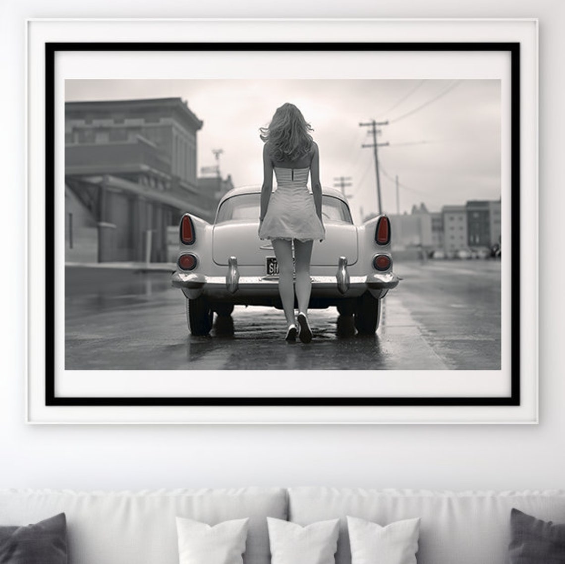 Vintage Car & Girl in White Dress Print - Classic 50s 60s American Car ...