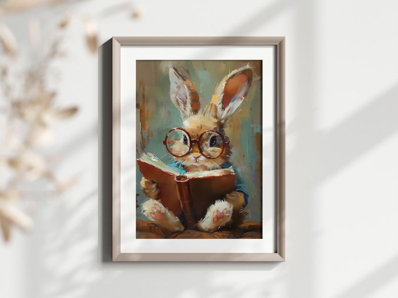 Cute Easter Bunny Reading Book Print Art, Tiny Rabbit Big Glasses ...