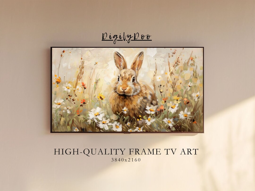 Easter Frame TV Art, Cute Easter Bunny in Flowerfield Samsung TV Art ...