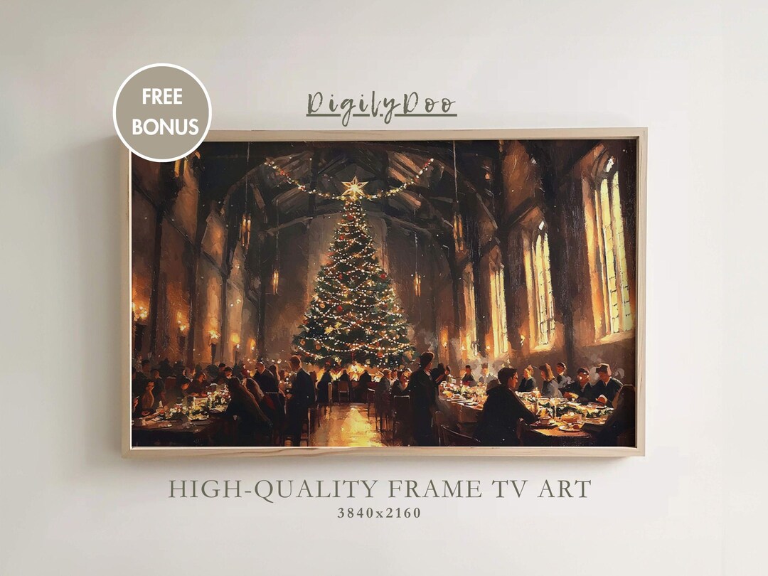 Christmas Frame TV Art, Vintage Xmas Holiday Dinner Great Hall Tree Tv ...