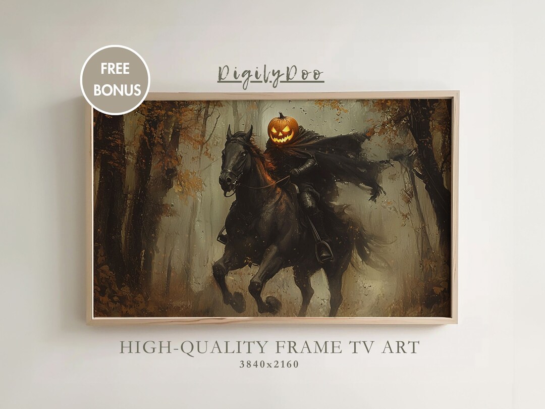Halloween Frame Tv Art, Vintage Headless Horseman Painting, Rustic Fall ...