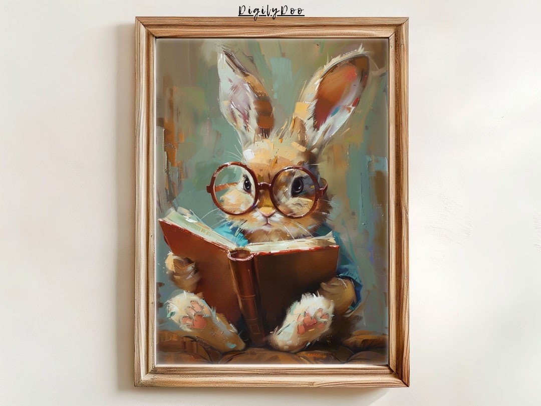 Cute Easter Bunny Reading Book Print Art, Tiny Rabbit Big Glasses ...