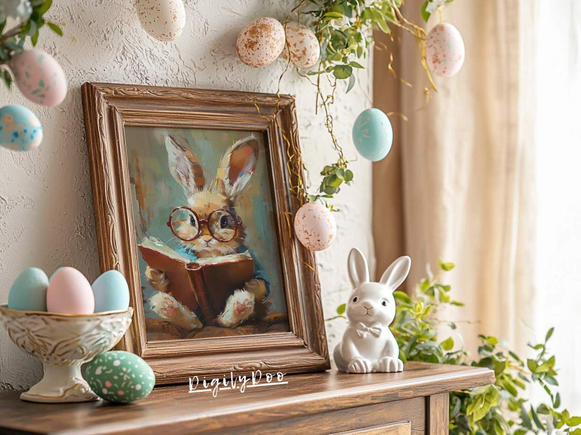 Cute Easter Bunny Reading Book Print Art, Tiny Rabbit Big Glasses ...