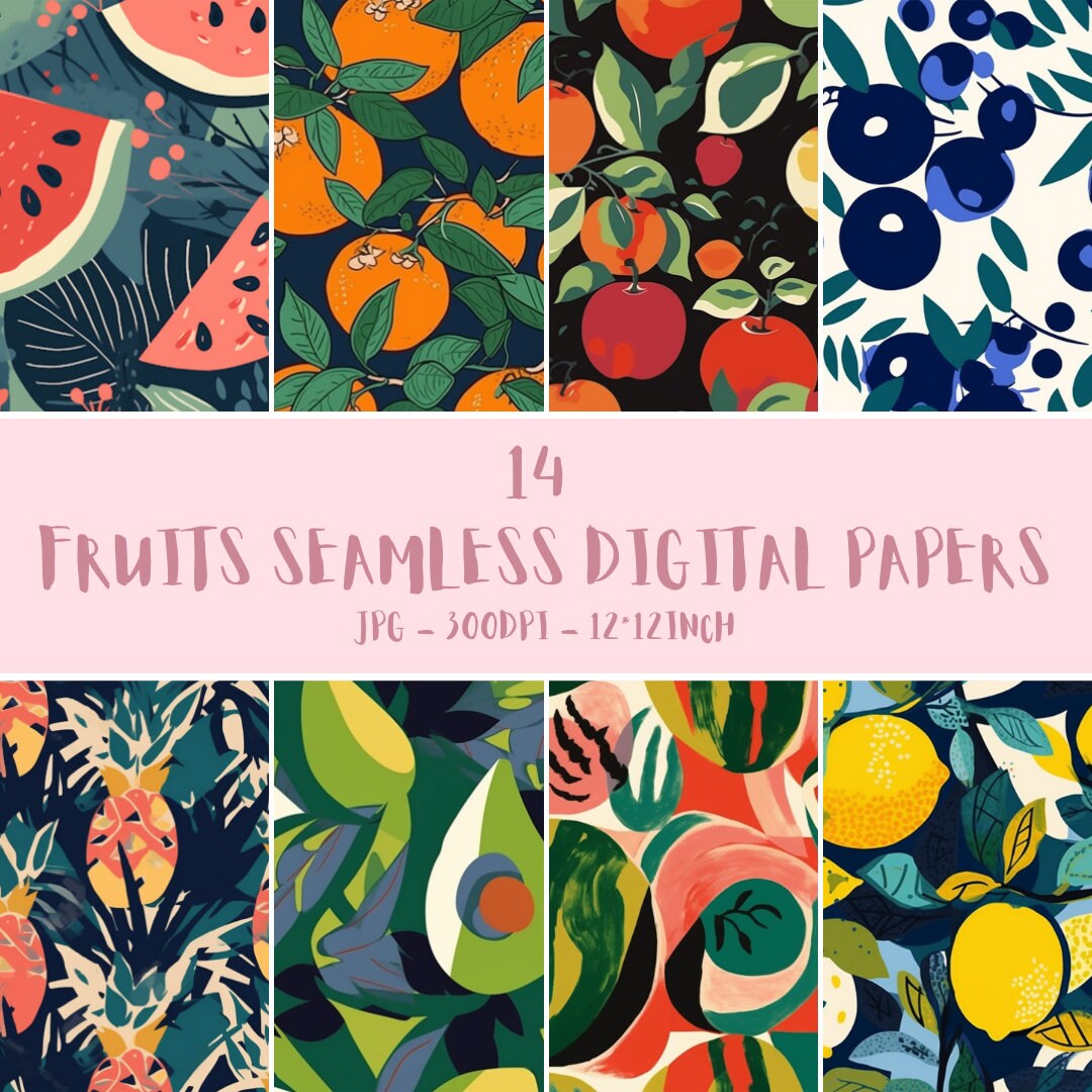 Fruits Digital Paper, Fruits Seamless Pattern, Fruit Prints, Fruit ...