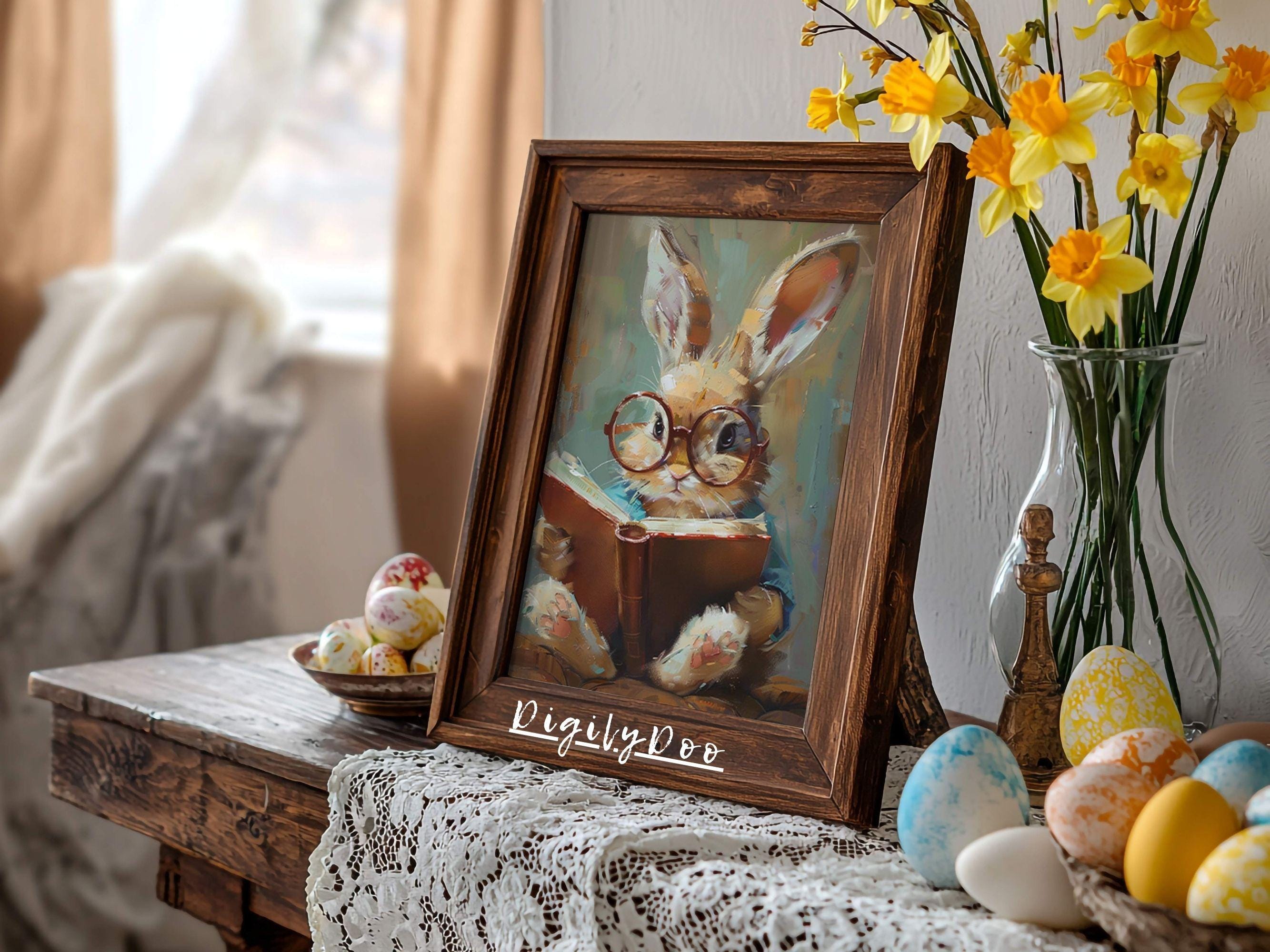 Cute Easter Bunny Reading Book Print Art, Tiny Rabbit Big Glasses ...