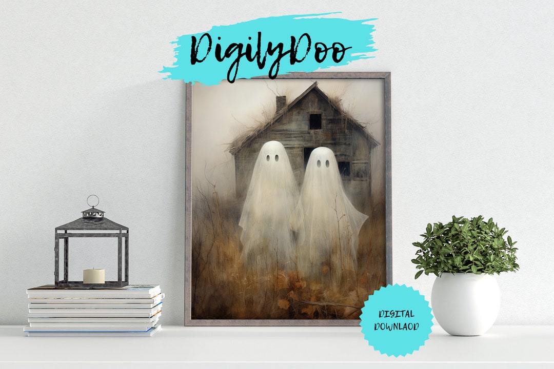 Cute Ghosts in Field Vintage Painting Farmhouse Halloween Couple Fall ...