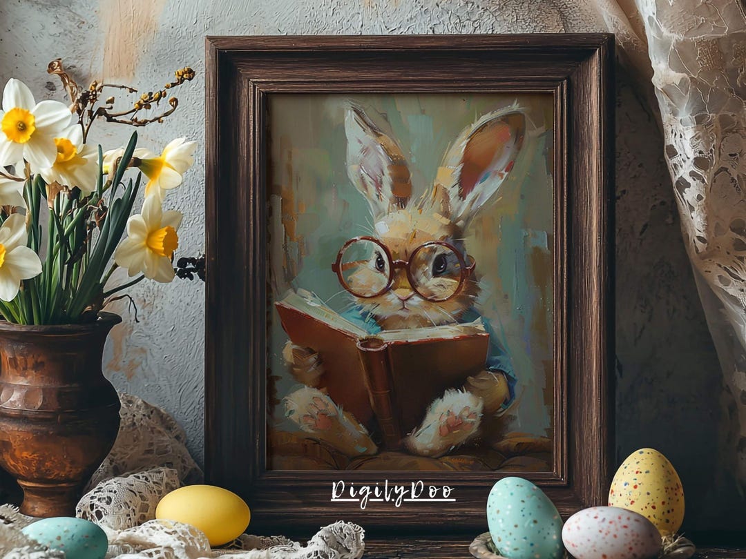 Cute Easter Bunny Reading Book Print Art, Tiny Rabbit Big Glasses ...