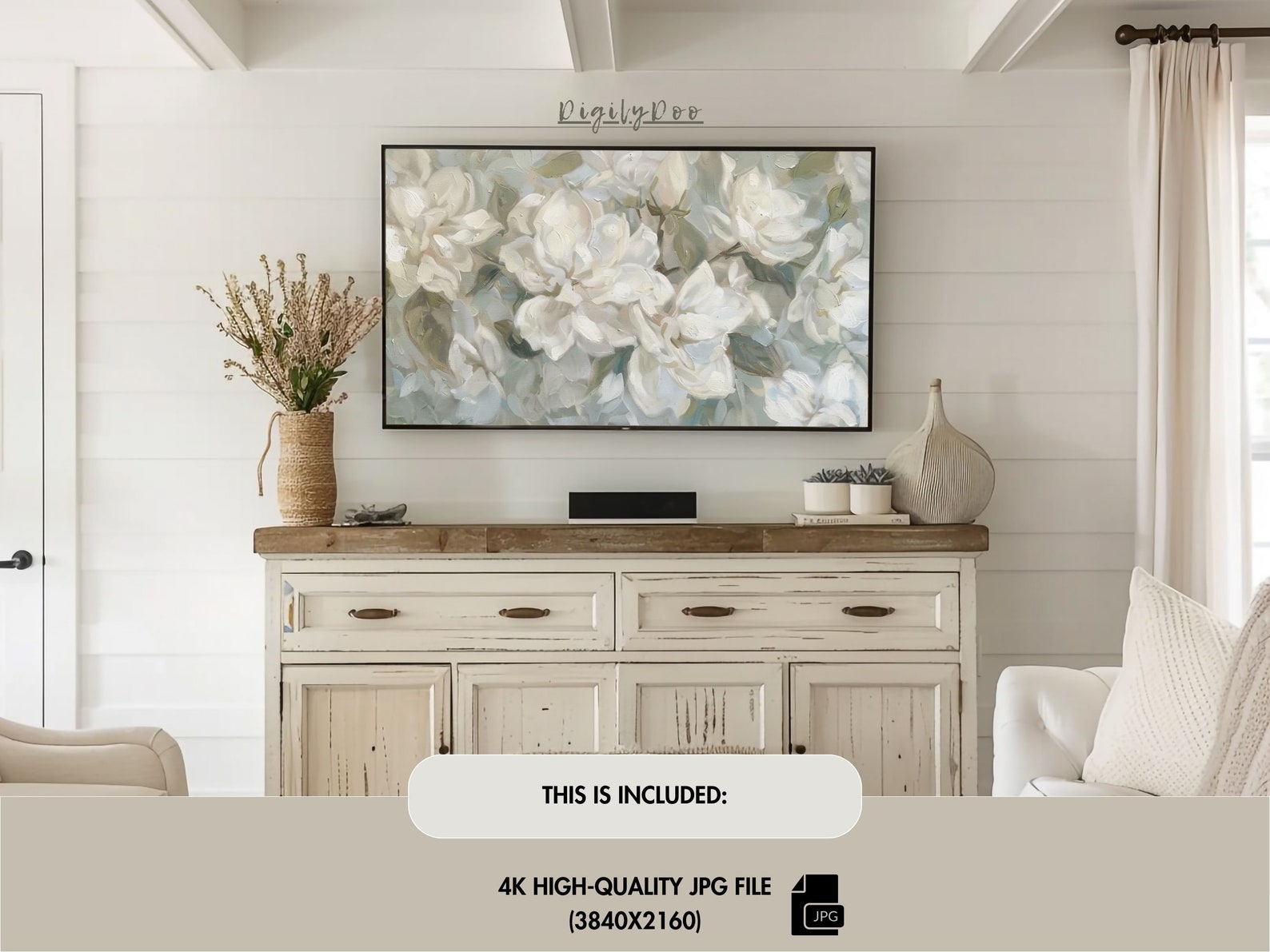 Floral Frame TV Art: Pale White Summer Flowers (digital Download) - Etsy