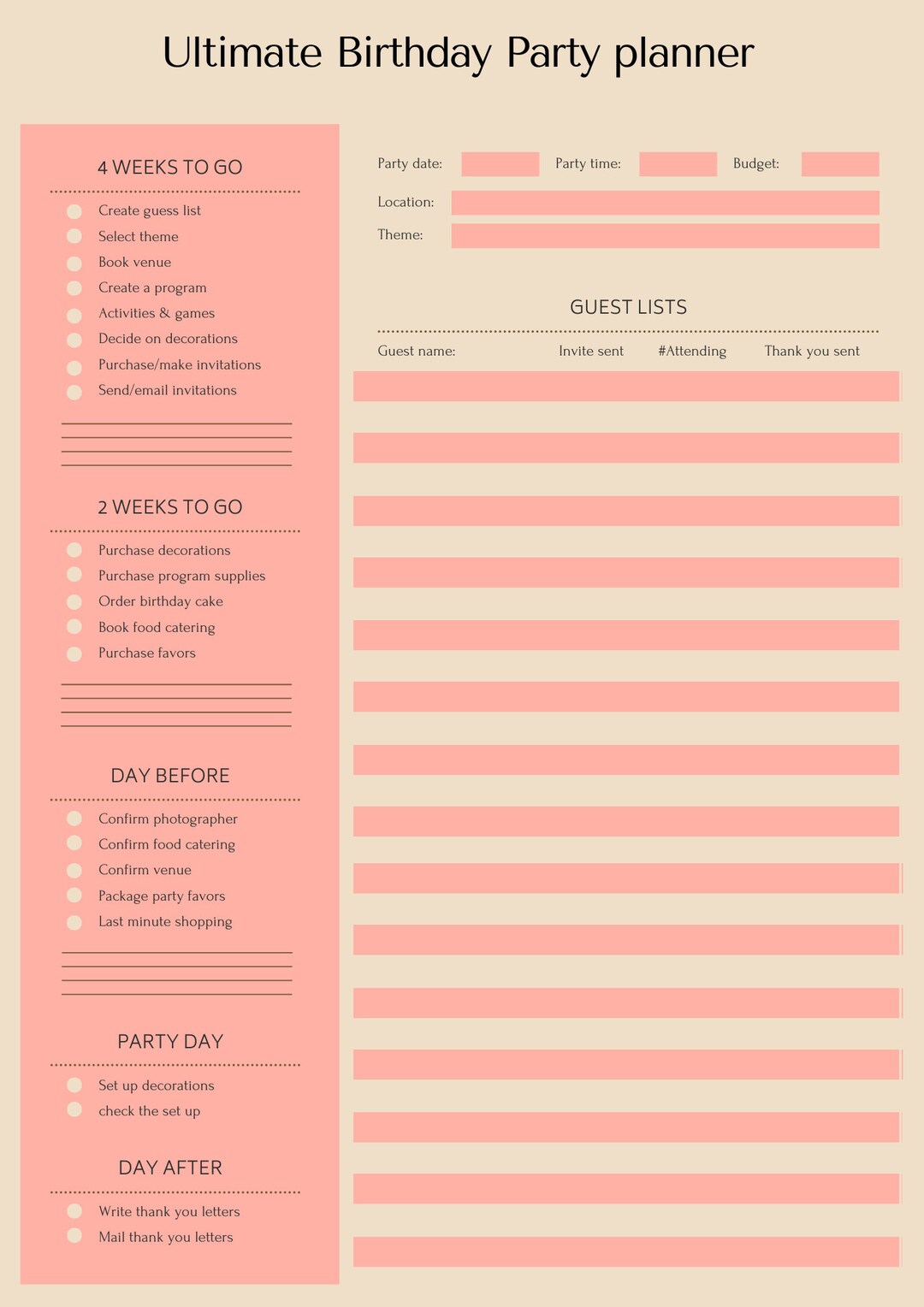 Birthday Party Preparation Planner - Etsy